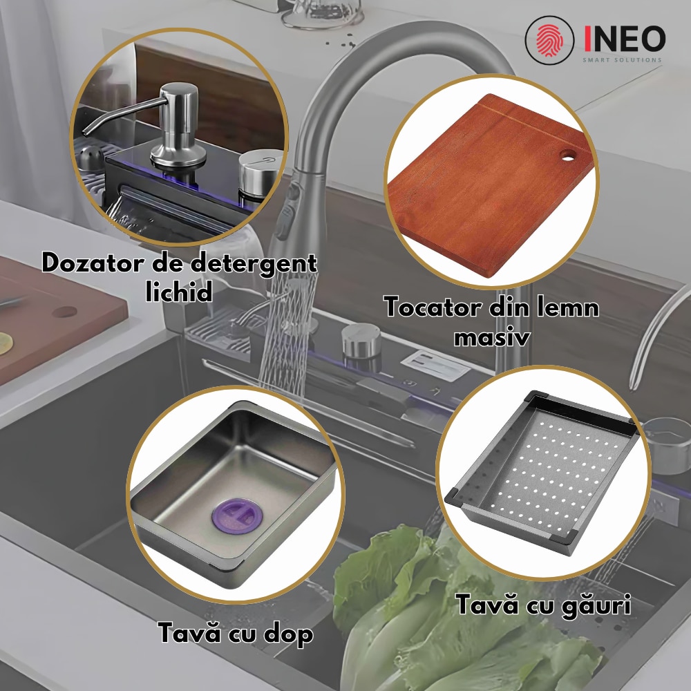 Chiuveta bucatarie multifunctionala smart cu cascada, jet pentru pahare ...