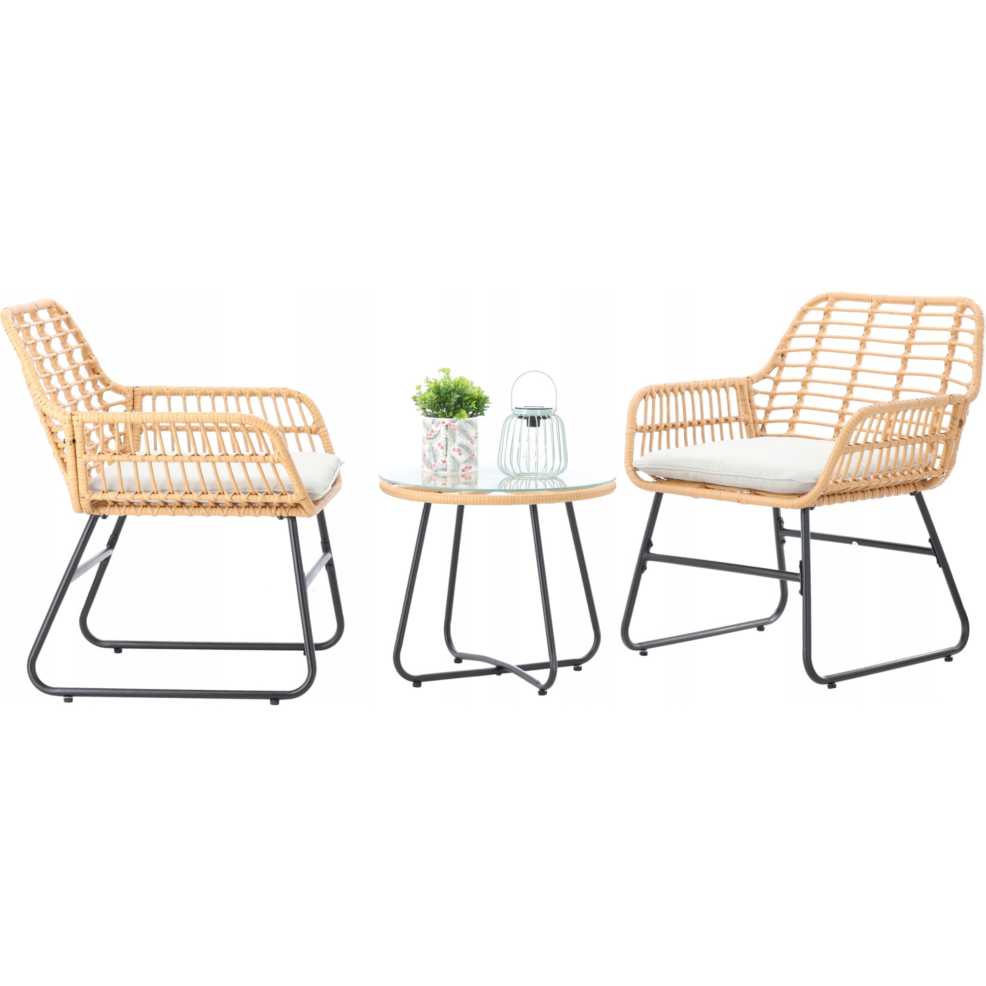 Set mobilier gradina din ratan, 2 scaune cu perne, 1 masa rotunda, maro ...