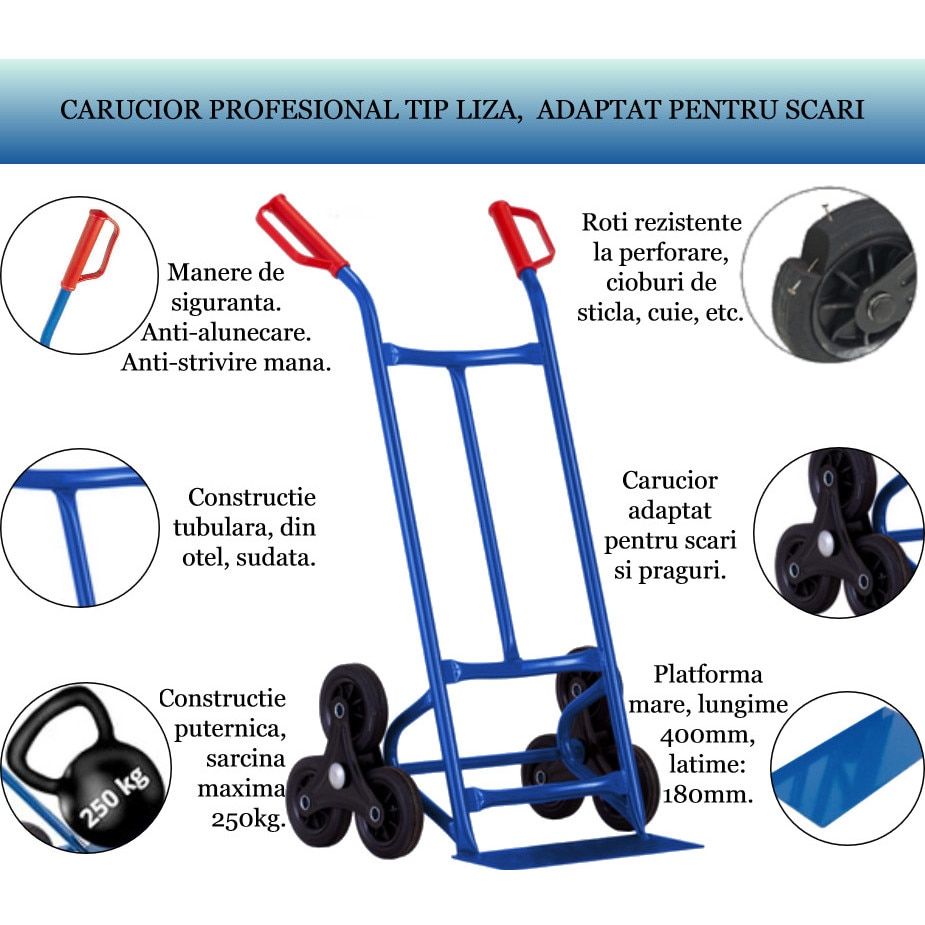 Carucior transport marfa 250 kg profesional, tip Liza pentru scari ...