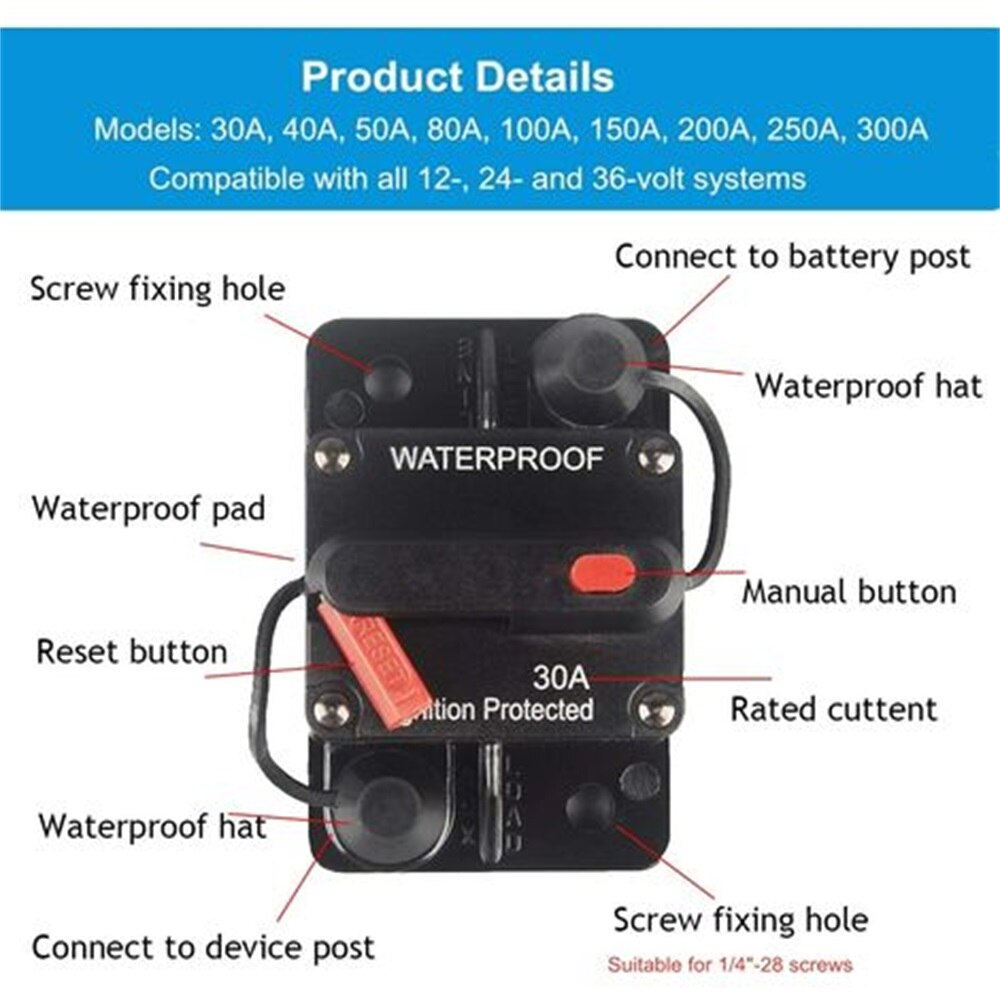 Intrerupator de circuit 60A cu resetare manuala, impermeabil, 12V-36V ...