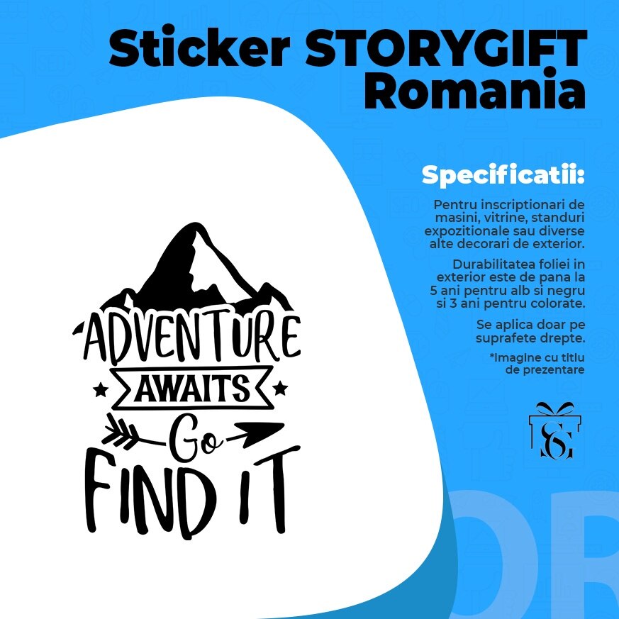 Sticker Exterior cu munte si stelute cu mesajul "Adventure awaits, go ...