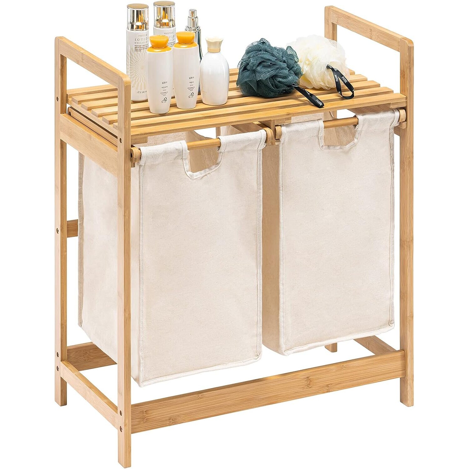 Cos de rufe, 2 compartimente si raft superior, bambus, 64 x 33 x 73 cm ...