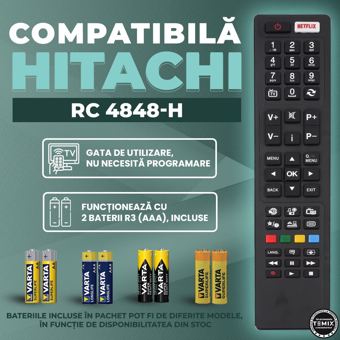 Telecomanda compatibila Hitachi, RC4848H, buton dedicat Netflix, TEMIX ...