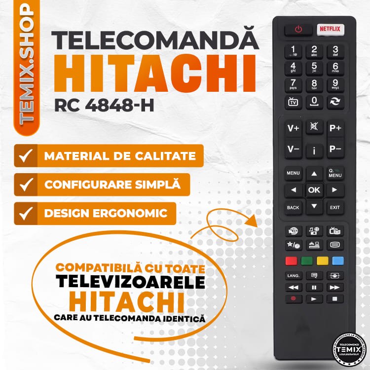 Telecomanda compatibila Hitachi, RC4848H, buton dedicat Netflix, TEMIX ...