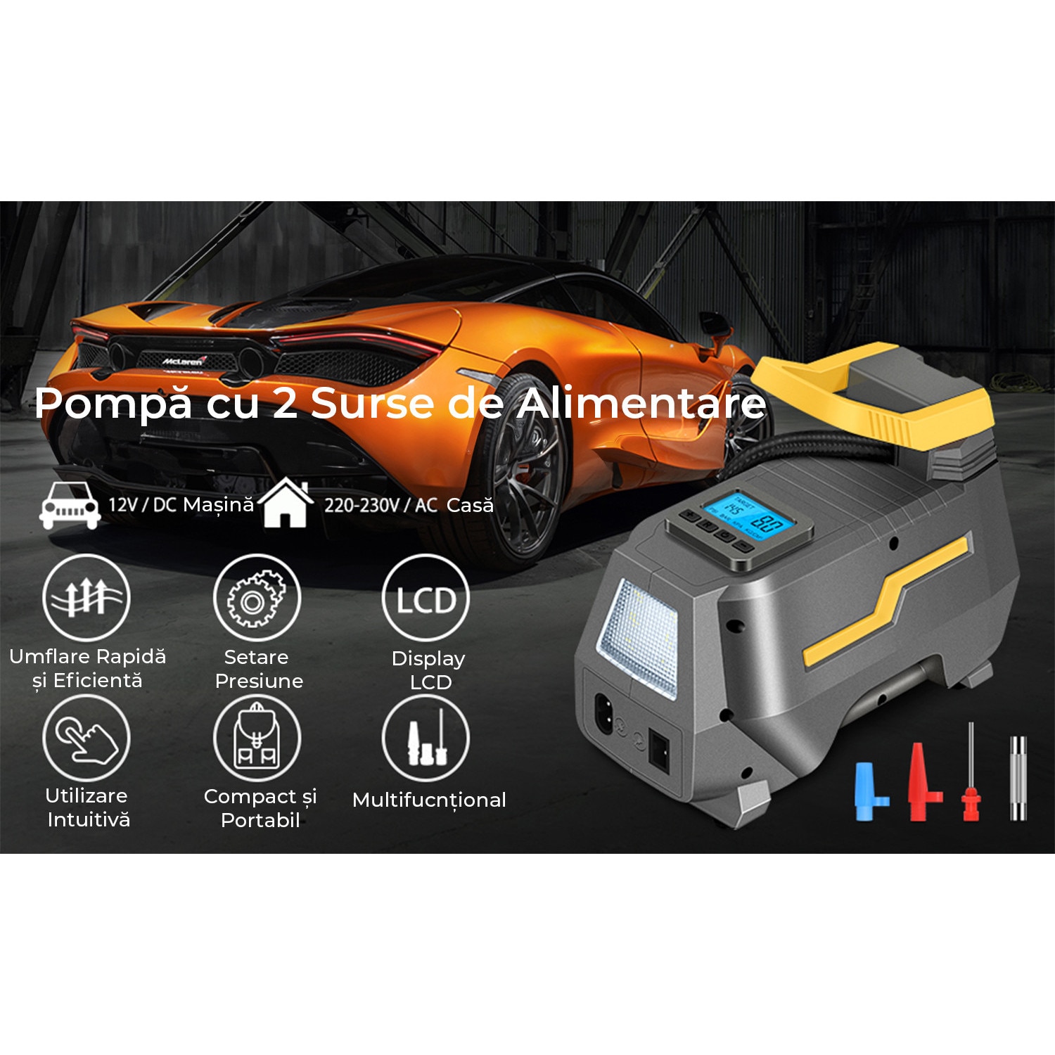 Compresor Auto Portabil Elindor® cu Afisaj Digital, Oprire Automata ...