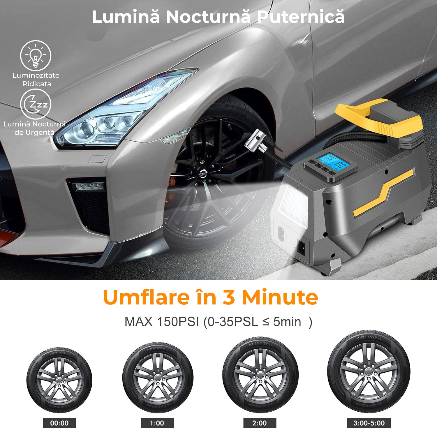 Compresor Auto Portabil Elindor® cu Afisaj Digital, Oprire Automata ...