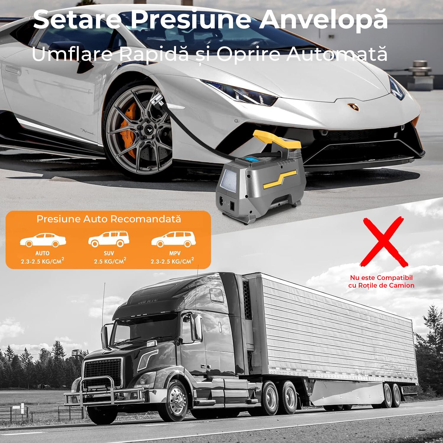 Compresor Auto Portabil Elindor® cu Afisaj Digital, Oprire Automata ...