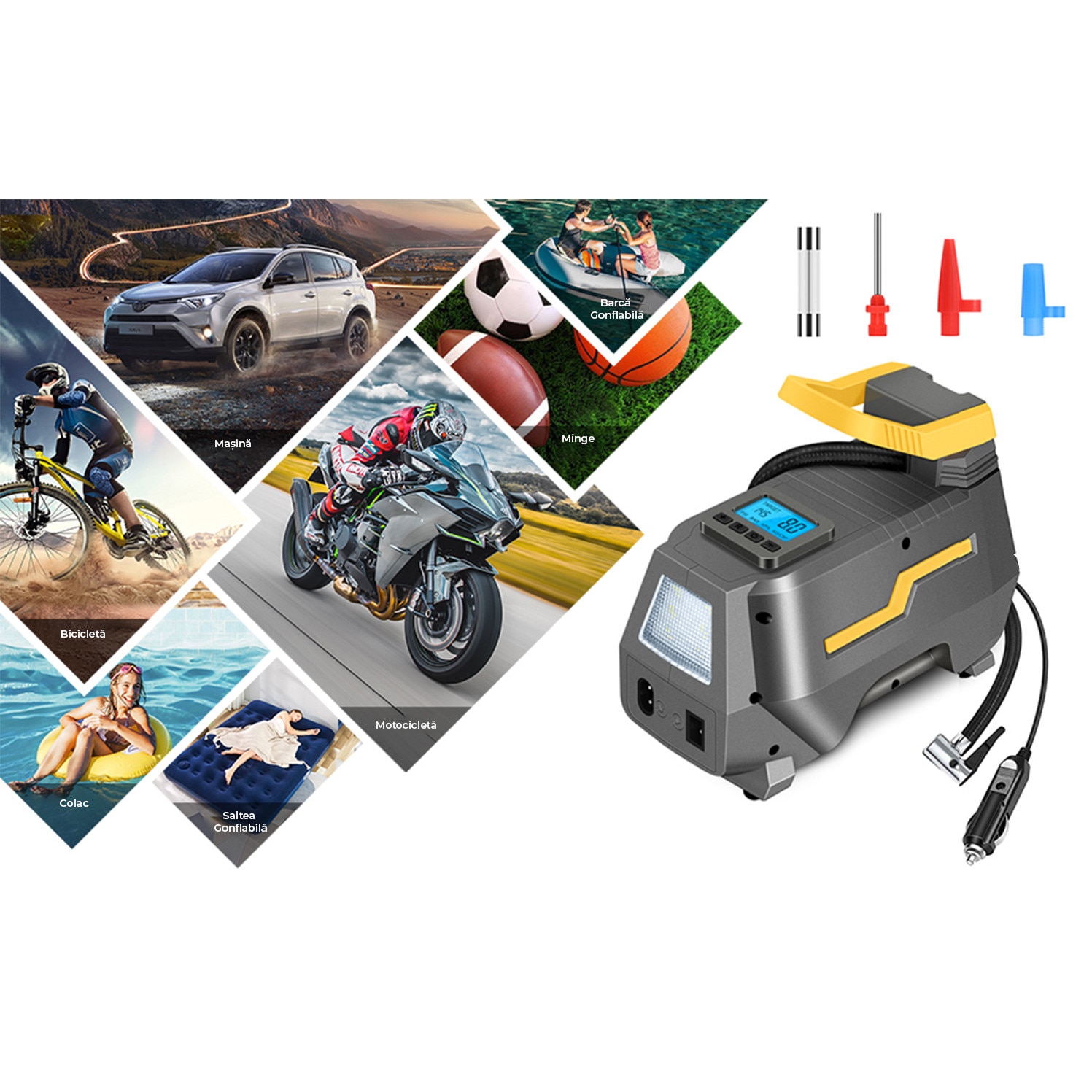 Compresor Auto Portabil Elindor® cu Afisaj Digital, Oprire Automata ...