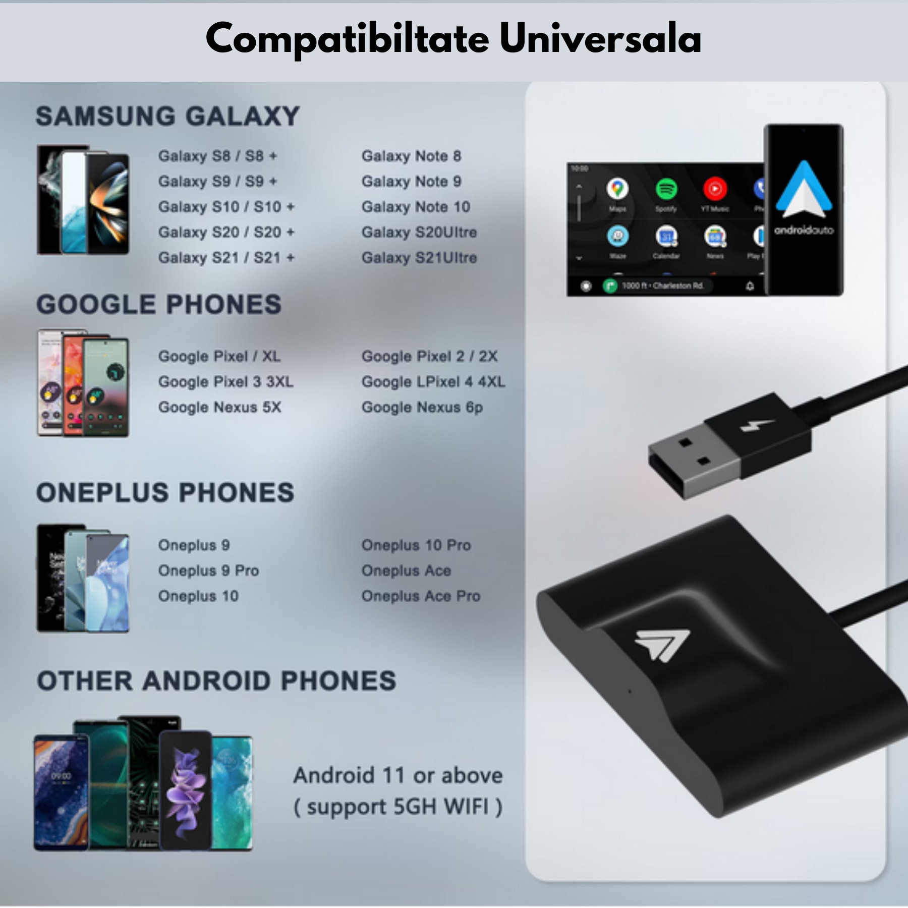 Adaptor auto wireless Android Plug&Play, Conectare Automata, WiFi 5GHz ...