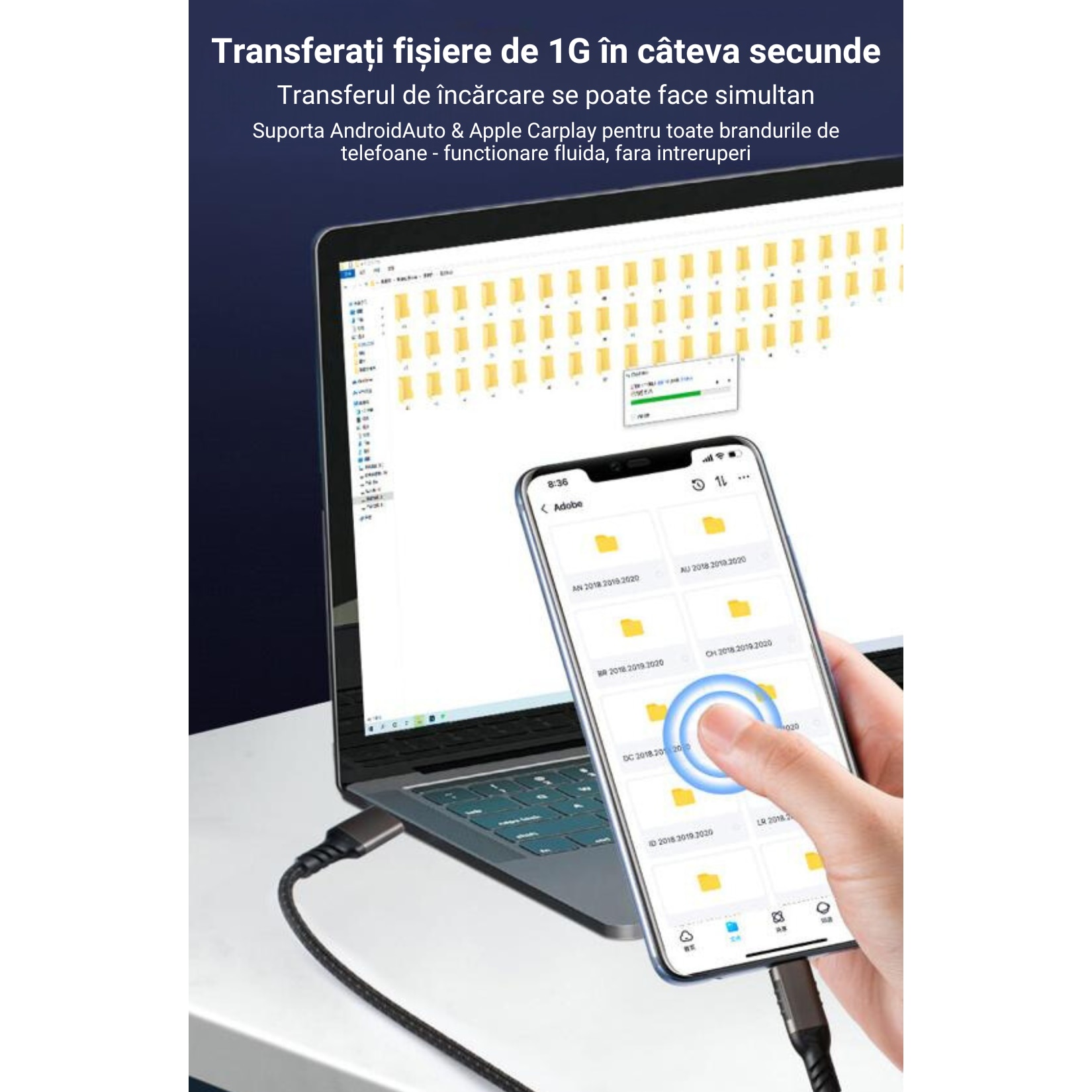 Cablu USB 3.2, AHA PRINT®, transfer date 10Gbps, AndroidAuto & Apple ...