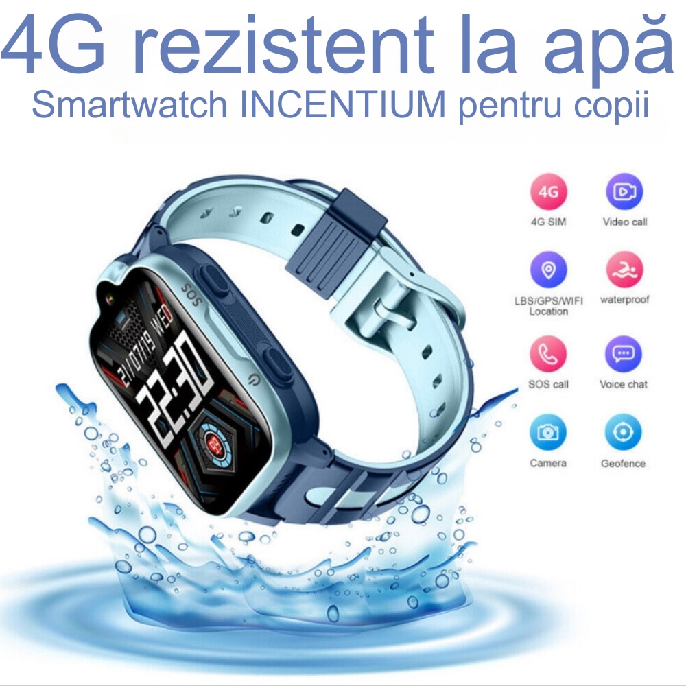 Ceas inteligent 4G, INCENTIUM, GPS pentru copii, cu WhatsApp, telefon ...