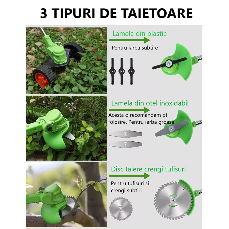 Motocoasa cu roti, trimmer iarba si gard viu, 2 acumulatori si ...