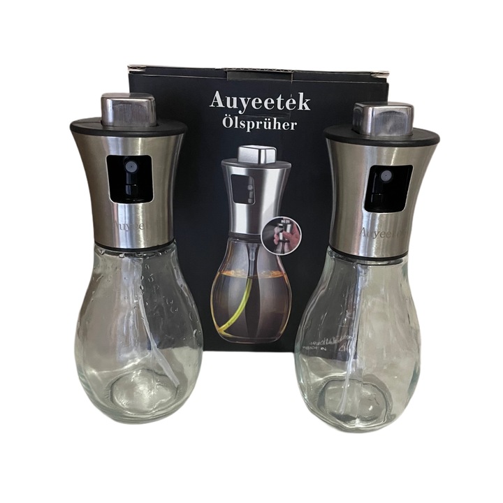 Set 2 Pulverizatoare Ulei/Otet cu recipient din Sticla, Capac Inox tip ...