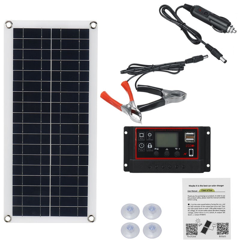 Panou Solar Portabil 30W 12V, QttvbTna, Polisilicon, Negru, 43x20cm ...