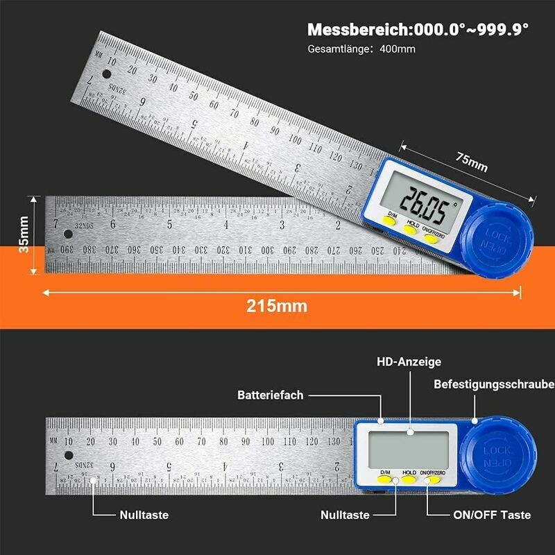 Raportor unghi digital QttvbTna, inox, precizie +/-0.3 grade, 0-360 ...