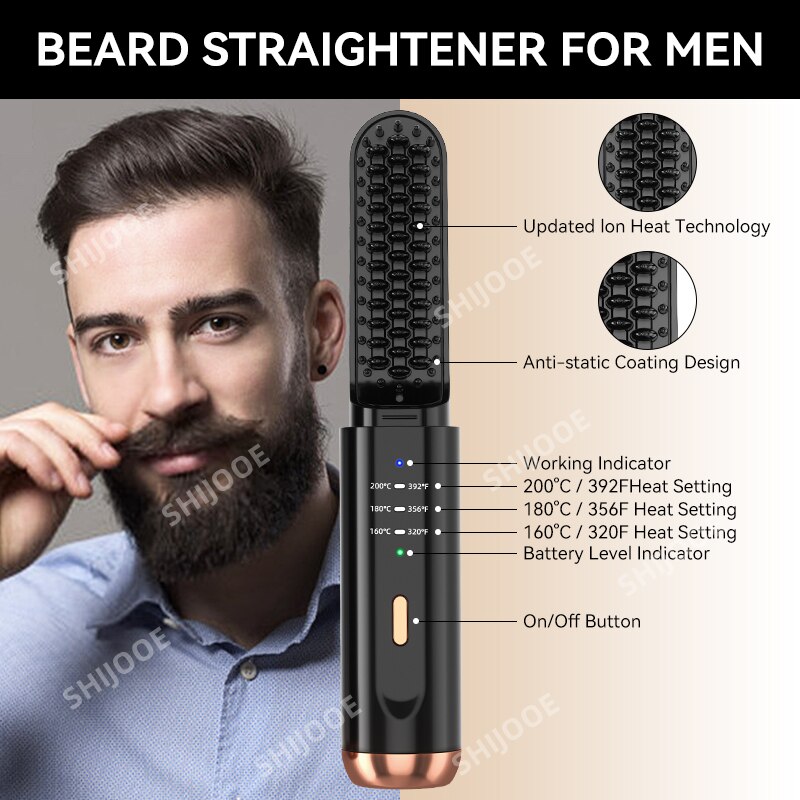 Perie electrica pentru barba si indreptat parul fara fir, SHIJOOE®, 2 ...