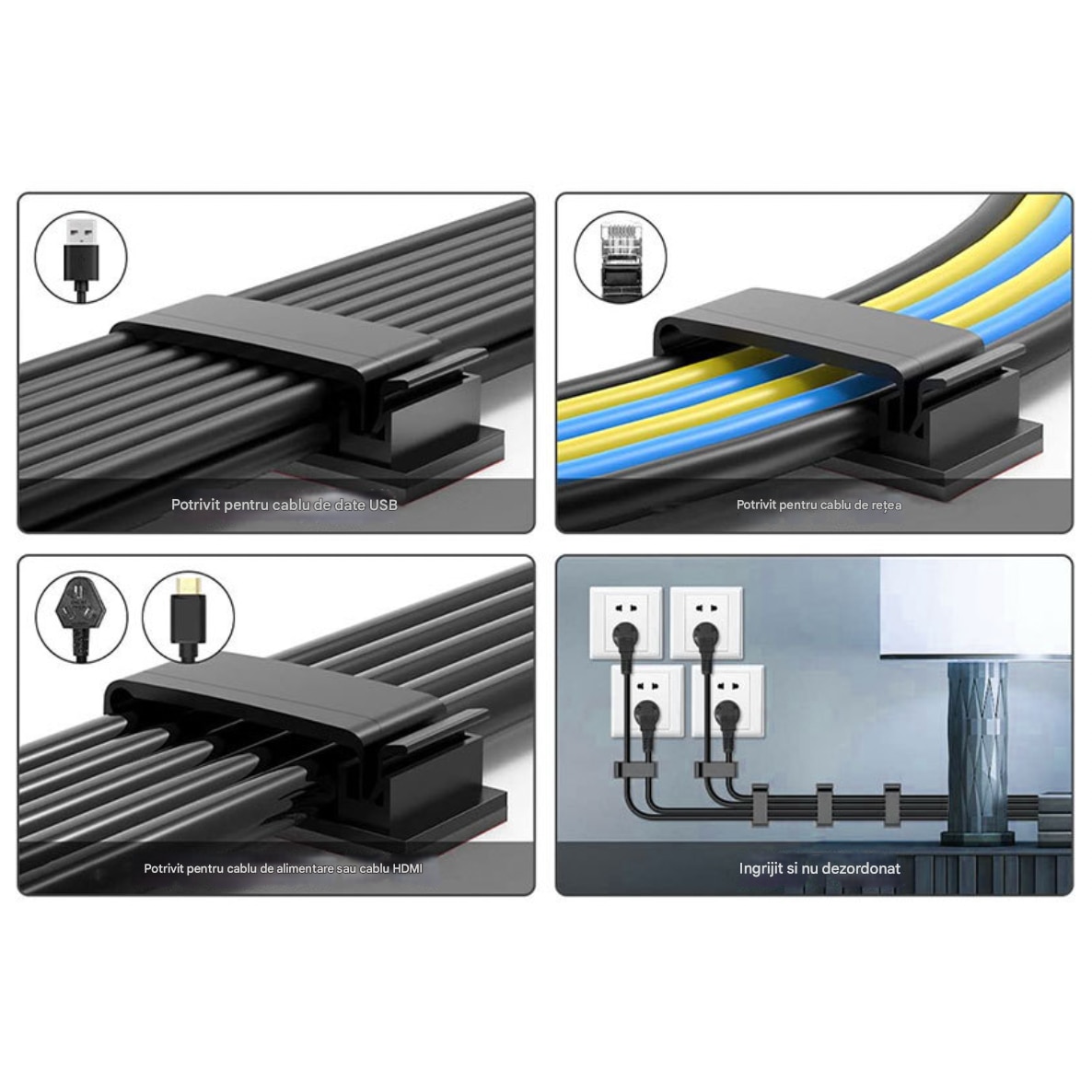Set 10 suporturi cabluri pentru organizarea cablurilor, adeziv puternic ...