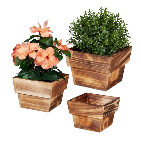 Set 3 Ghivece Rustice pentru Plante, din Lemn Flambat, Potrivite pentru ...