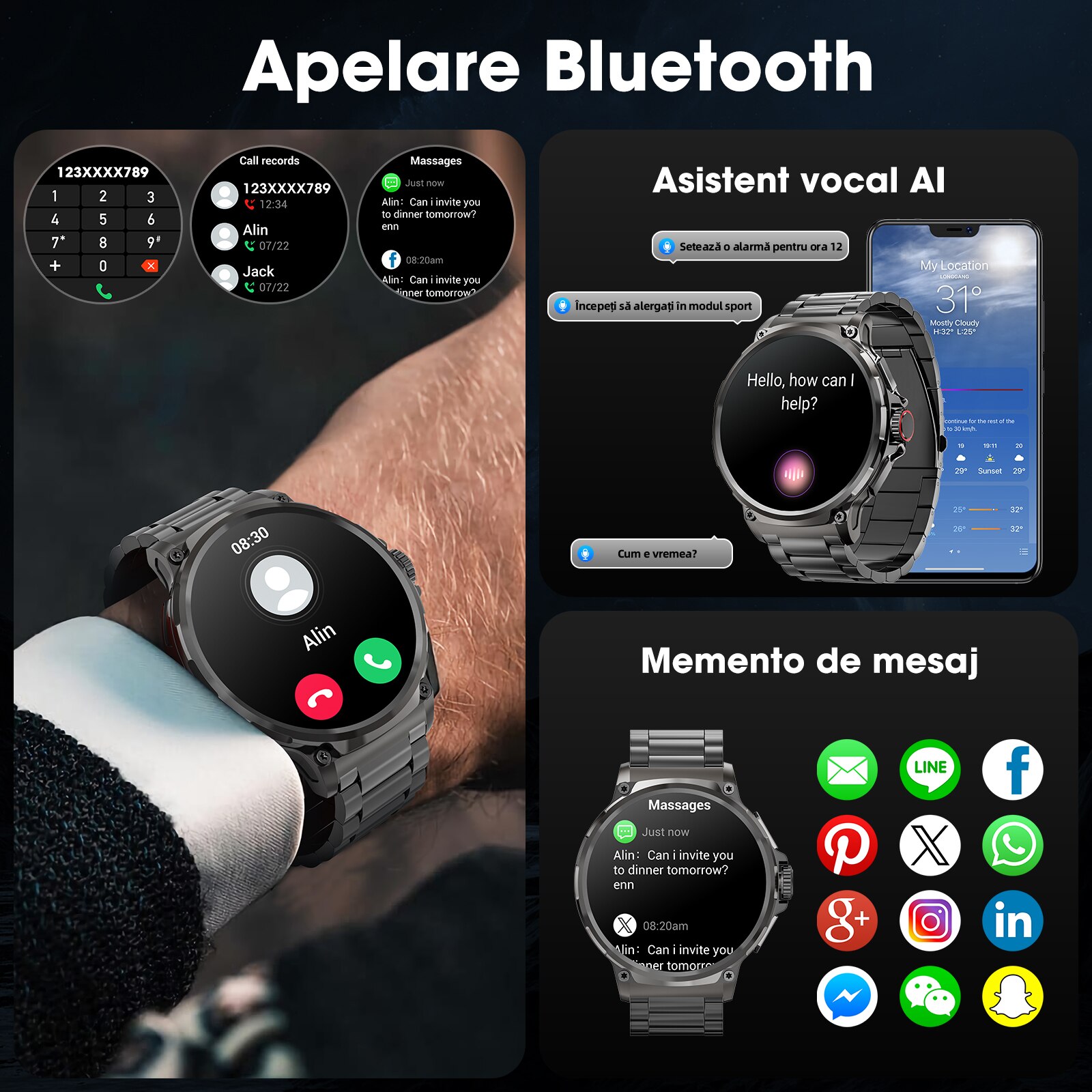 Ceas Smartwatch, Mingtawn, Model V69, Ecran de 1,85 inch, Apeluri Bluetooth, Pedometru, Mesaje ...