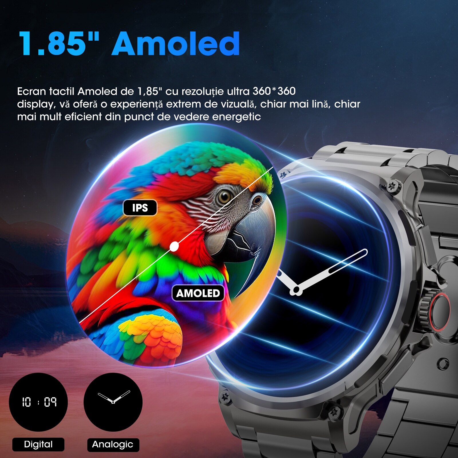 Ceas Smartwatch, Mingtawn, Model V69, Ecran de 1,85 inch, Apeluri Bluetooth, Pedometru, Mesaje ...