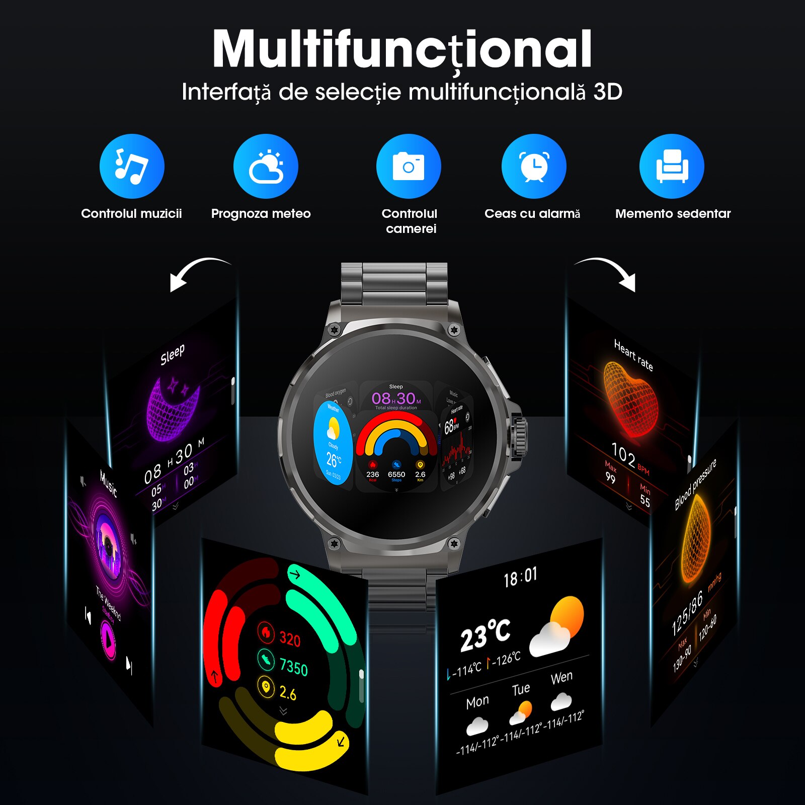 Ceas Smartwatch, Mingtawn, Model V69, Ecran de 1,85 inch, Apeluri Bluetooth, Pedometru, Mesaje ...