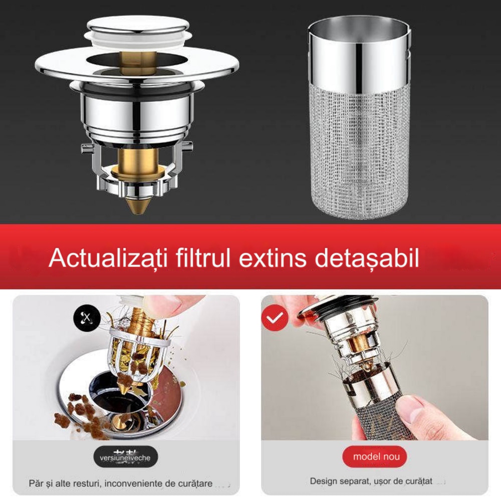 Set 2 Dop scurgere chiuveta, Pop-Up, cos inox detasabil, argintiu ...