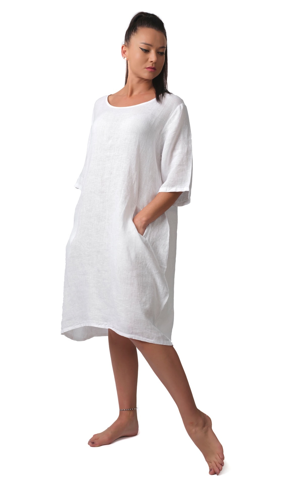 Rochie din in 100%, Liza, Alb, One Size - eMAG.ro