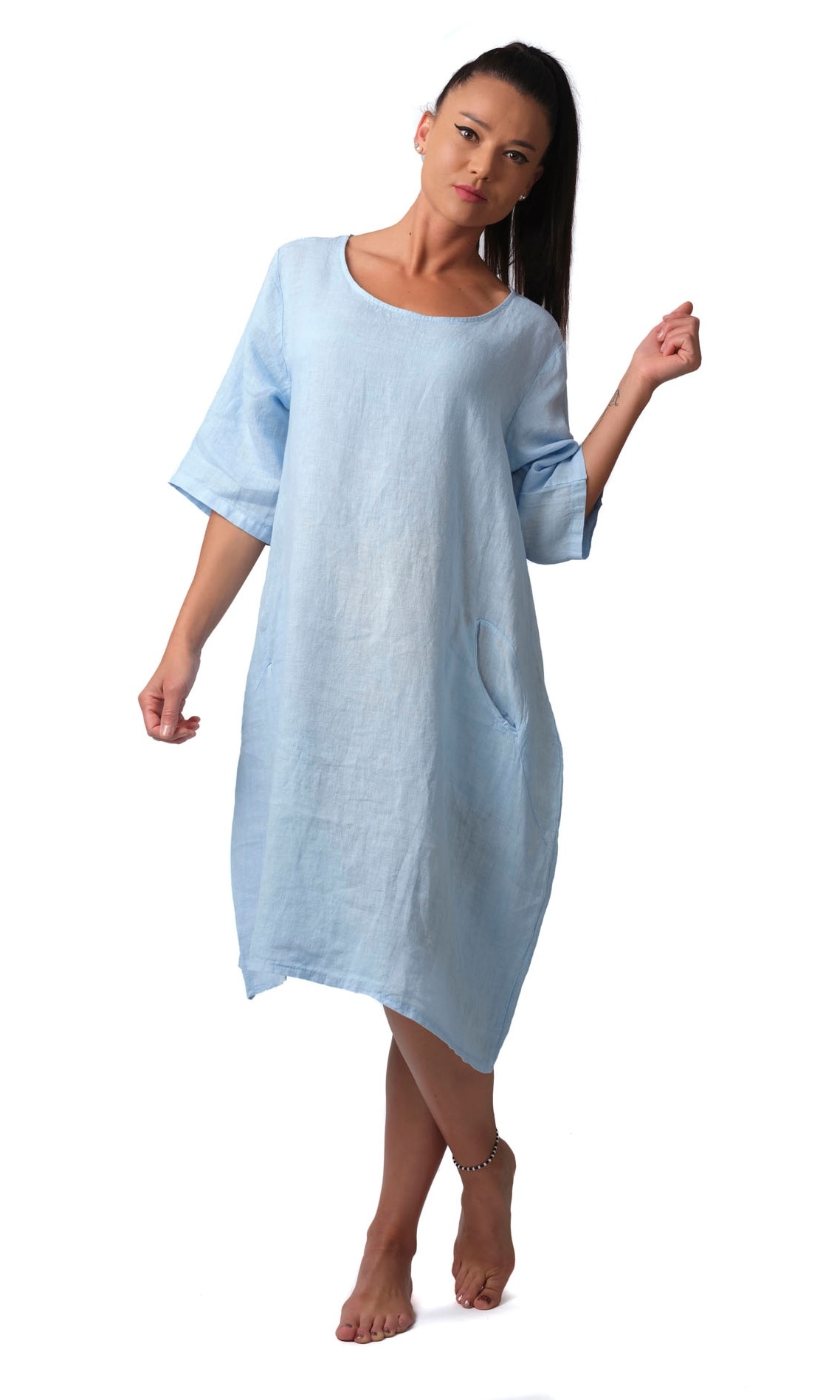 Rochie din in 100%, Liza, Albastru, One Size - eMAG.ro