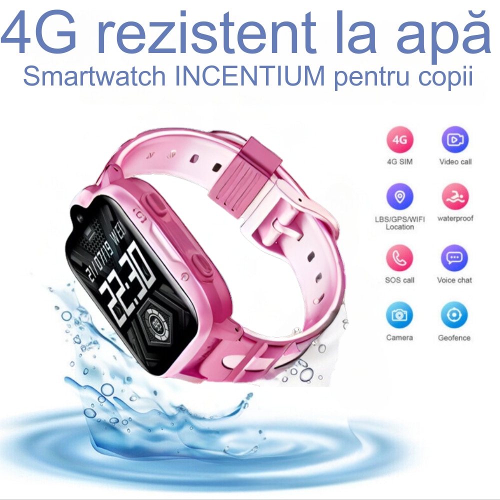 Ceas inteligent 4G, INCENTIUM, GPS pentru copii, cu WhatsApp, telefon ...