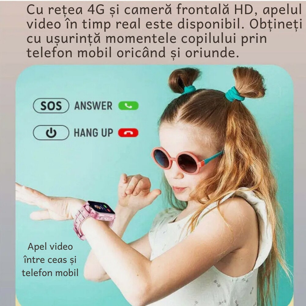 Ceas inteligent 4G, INCENTIUM, GPS pentru copii, cu WhatsApp, telefon ...