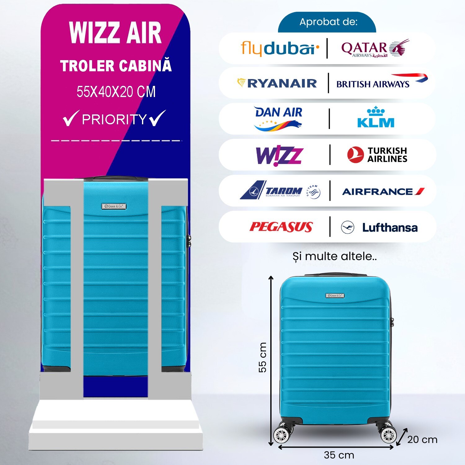 Troler cabina avion Quasar & Co.®, 55x36x20cm, bagaj de mana, valiza cu ...