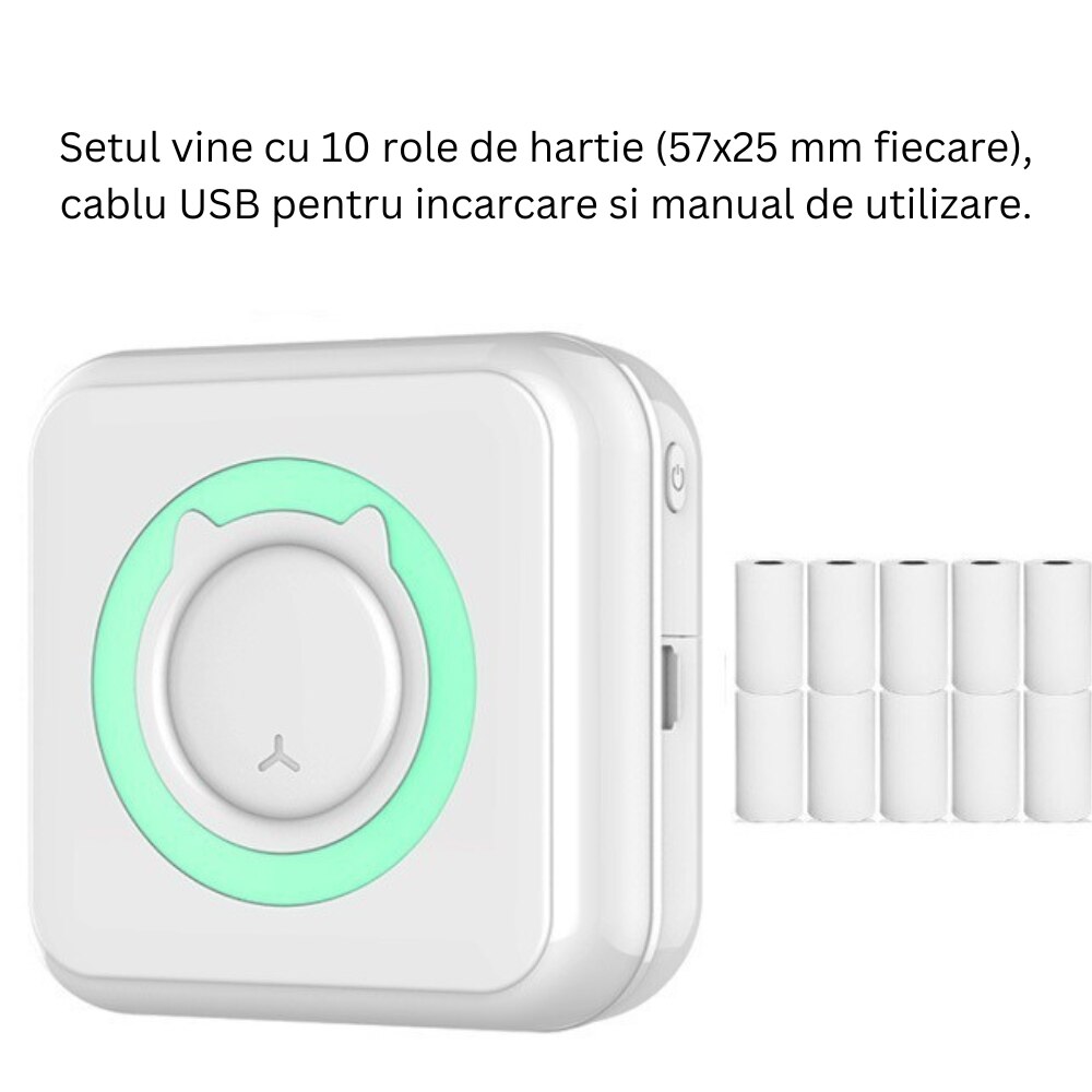 Mini imprimanta termica cu 10 role de hartie 57x25 mm, stilouri ...