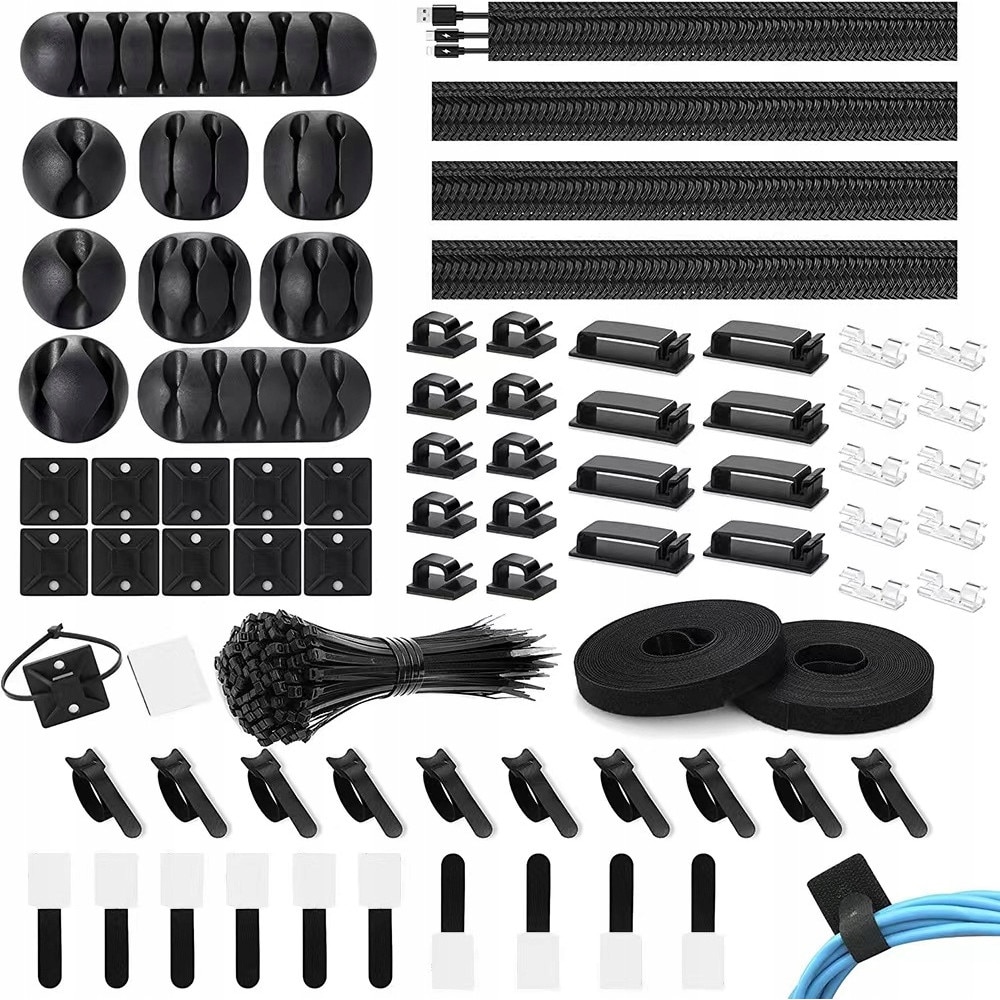 Set organizare cabluri, 173 piese, negru si transparent, kit complet ...
