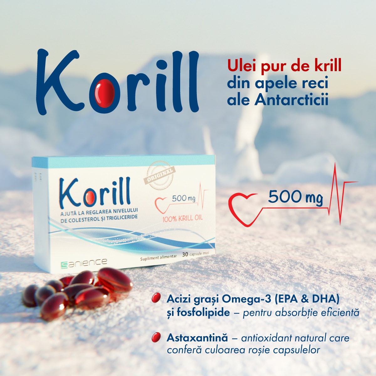 Korill, Sanience, ulei de krill cu fosfolipide, astaxantină și acizi ...