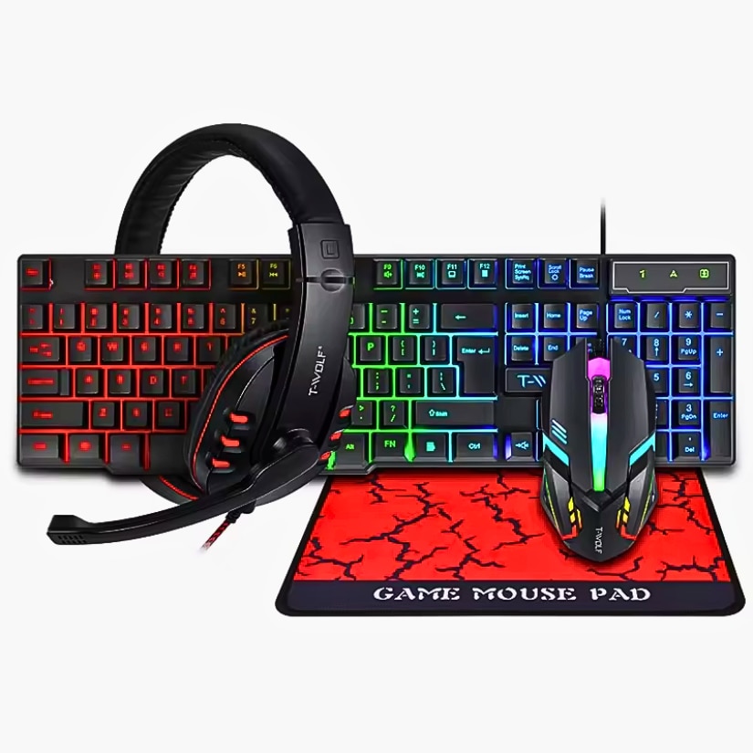 Kit Gaming 4 in 1 RGB, T-WOLF, Tastatura, Mouse, Casti, Mousepad, RGB ...