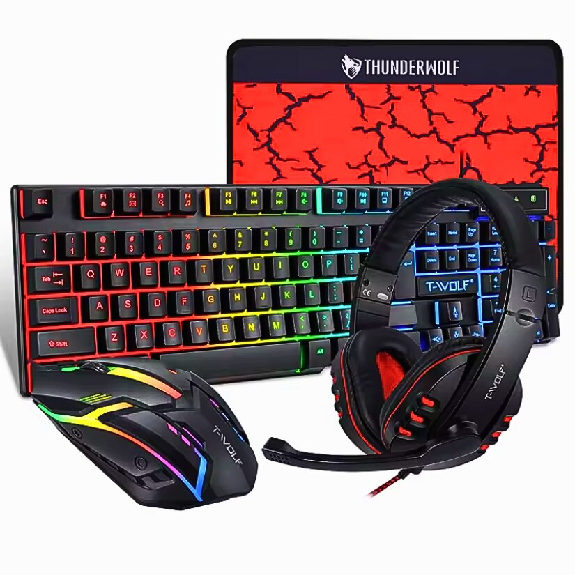 Kit Gaming 4 in 1 RGB, T-WOLF, Tastatura, Mouse, Casti, Mousepad, RGB ...