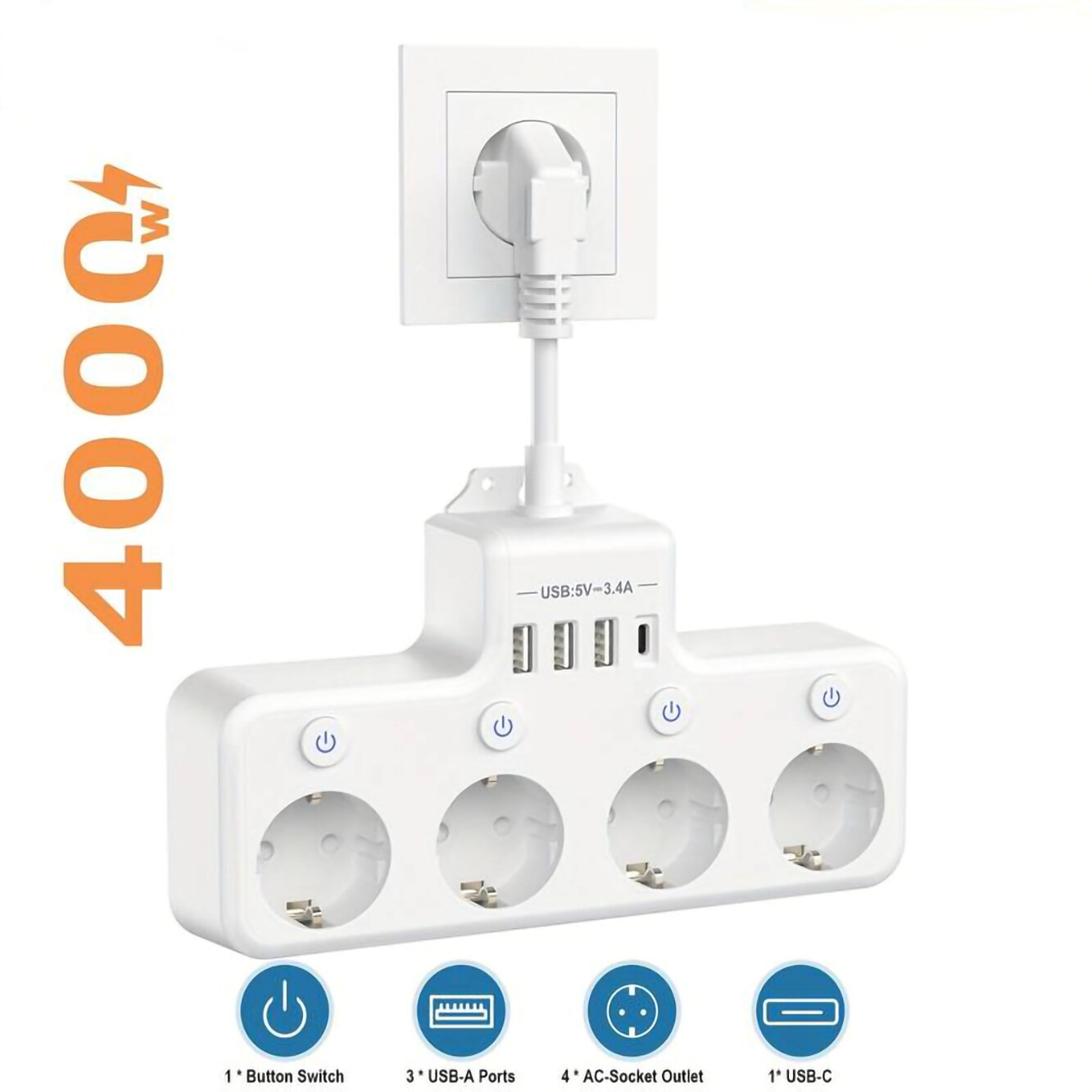 Priza Multifunctionala Miraza, 4 x Prize Putere Maxima 4000w, 3 x USB-A ...
