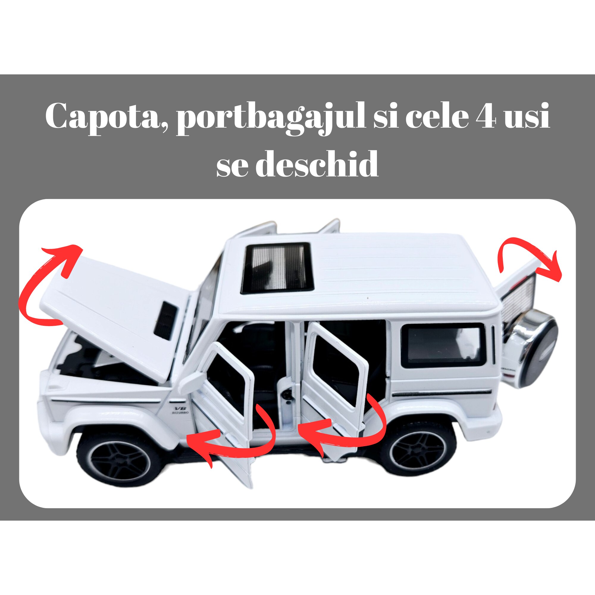 Masina metalica jeep tip Mercedes G Class cu rulota, Usile, capota si ...