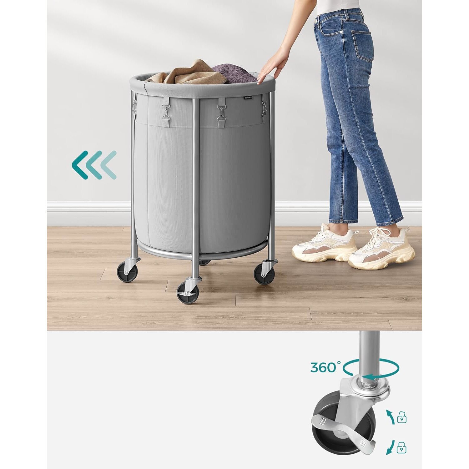 Cos de rufe rotund cu roti SONGMICS, cadru din otel, sac de rufe ...
