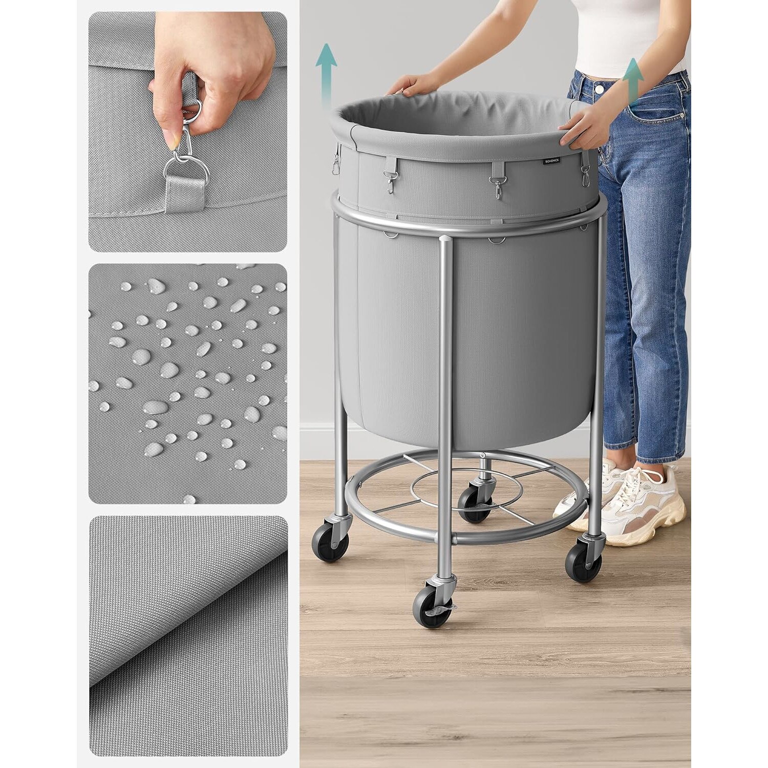 Cos de rufe rotund cu roti SONGMICS, cadru din otel, sac de rufe ...