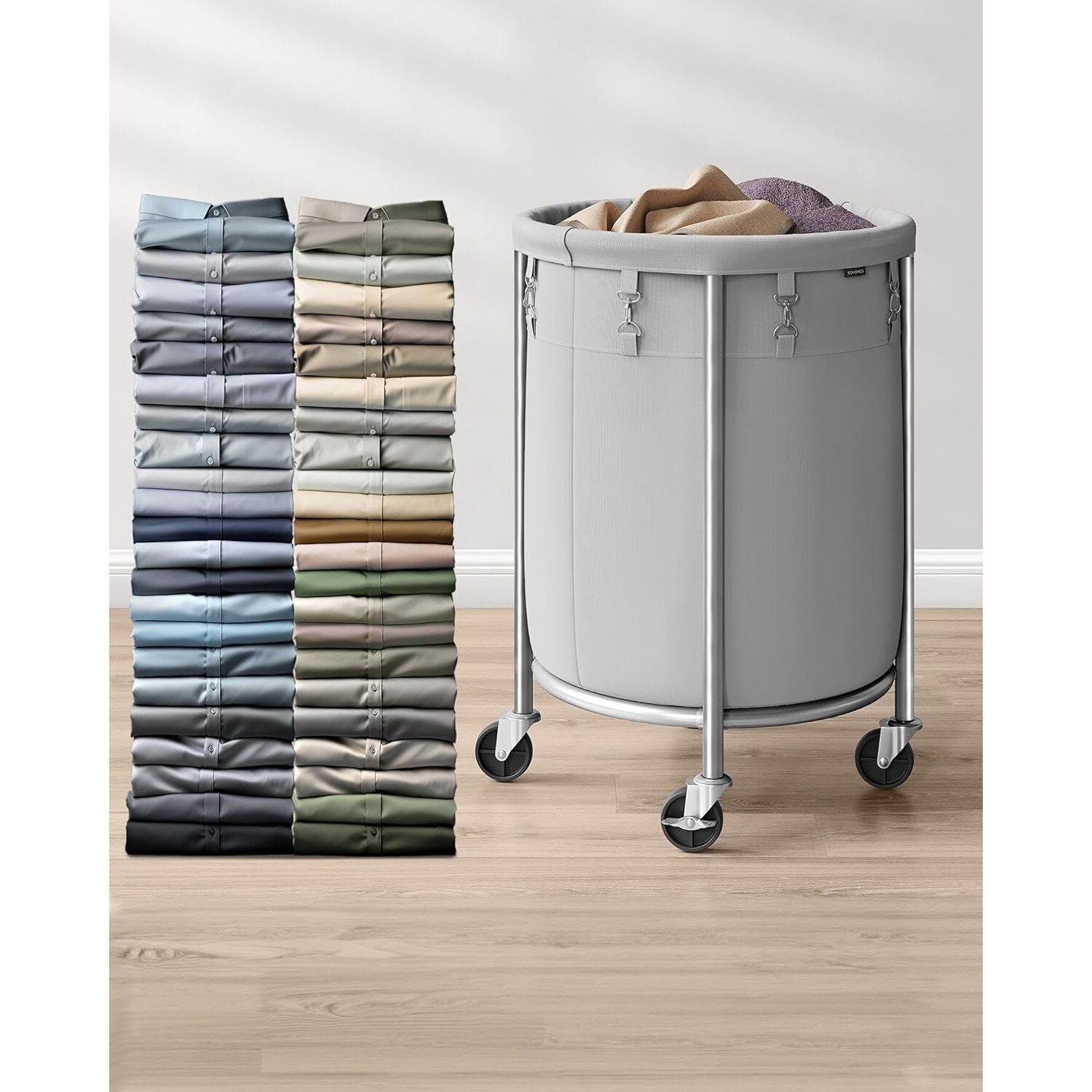 Cos de rufe rotund cu roti SONGMICS, cadru din otel, sac de rufe ...