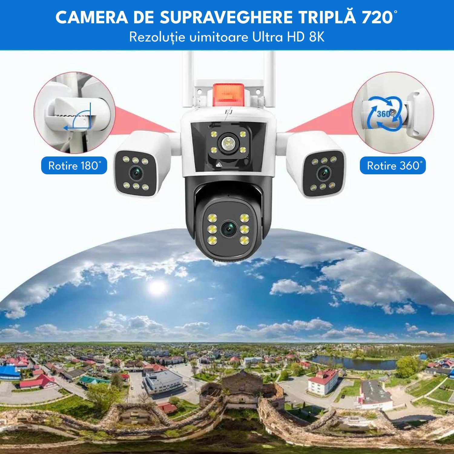 Camera de supraveghere tripla, EJ PRODUCTS, P8, 16MP, 720 grade, ultra ...