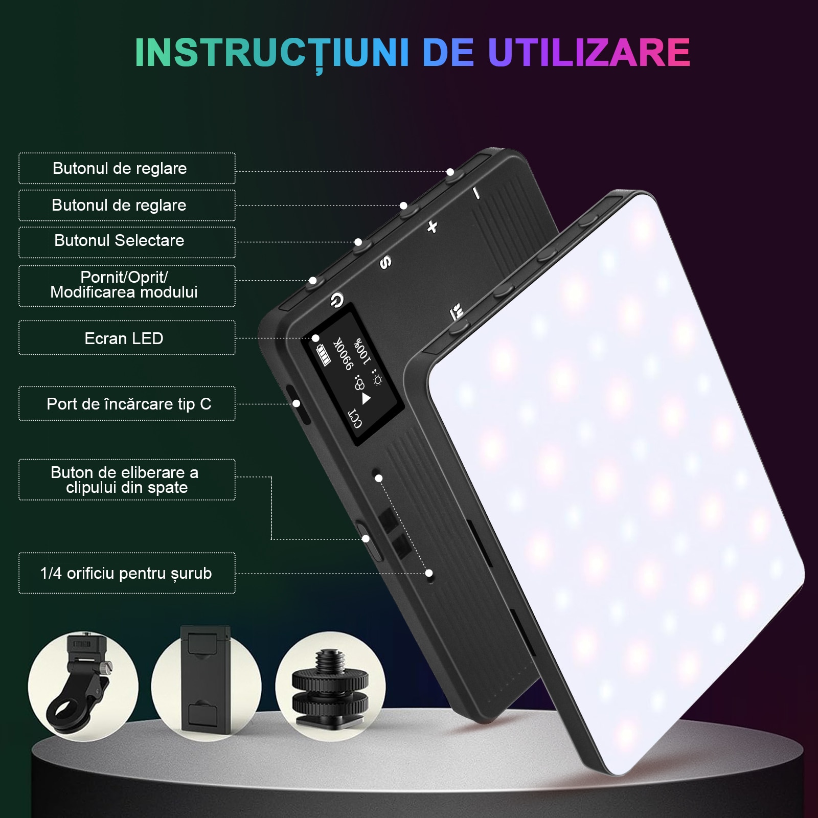 Lampa Led Portabila, BYLIFITY, G5456-RGB, 3 Moduri Iluminare, Selfie ...