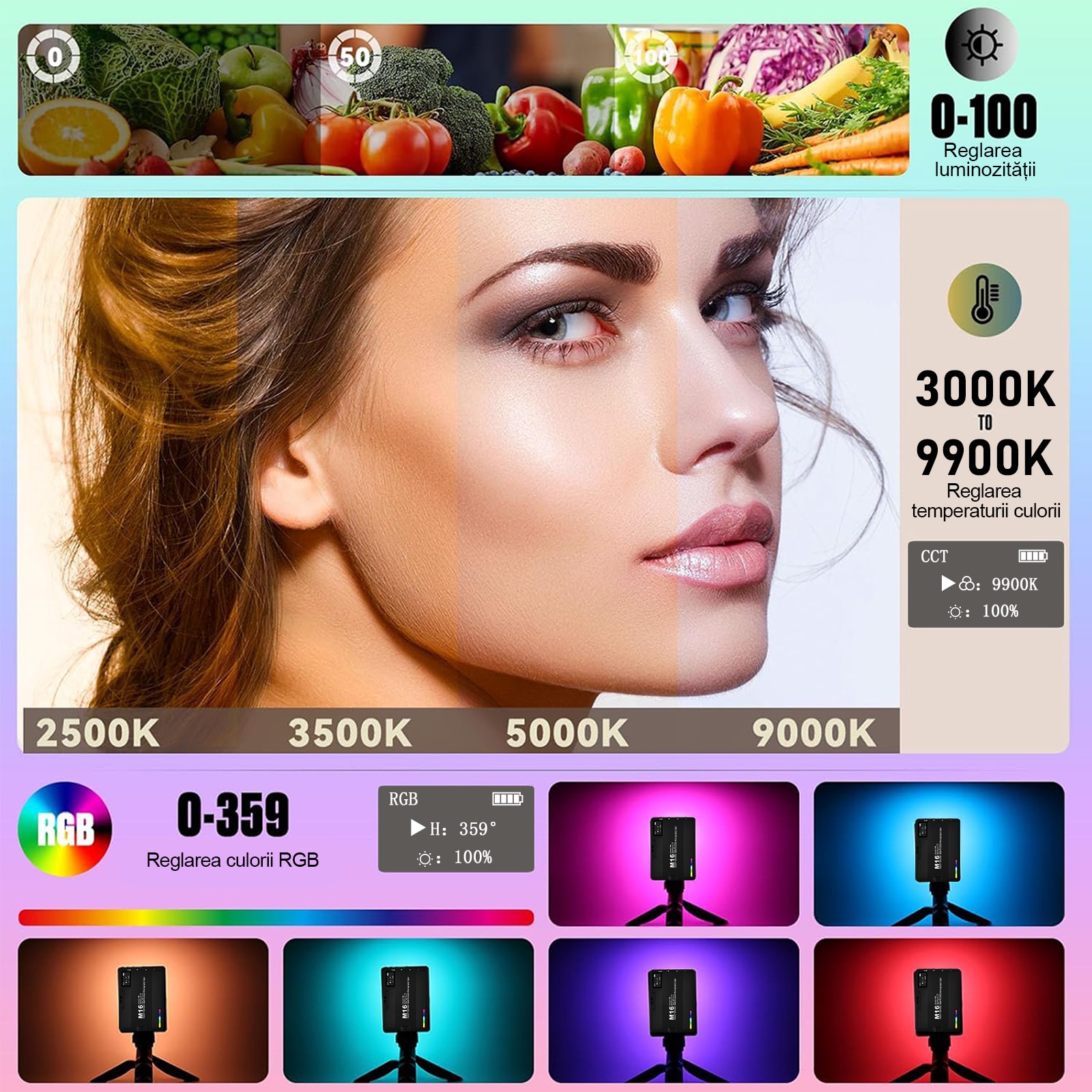 Lampa Led Portabila, BYLIFITY, G5456-RGB, 3 Moduri Iluminare, Selfie ...