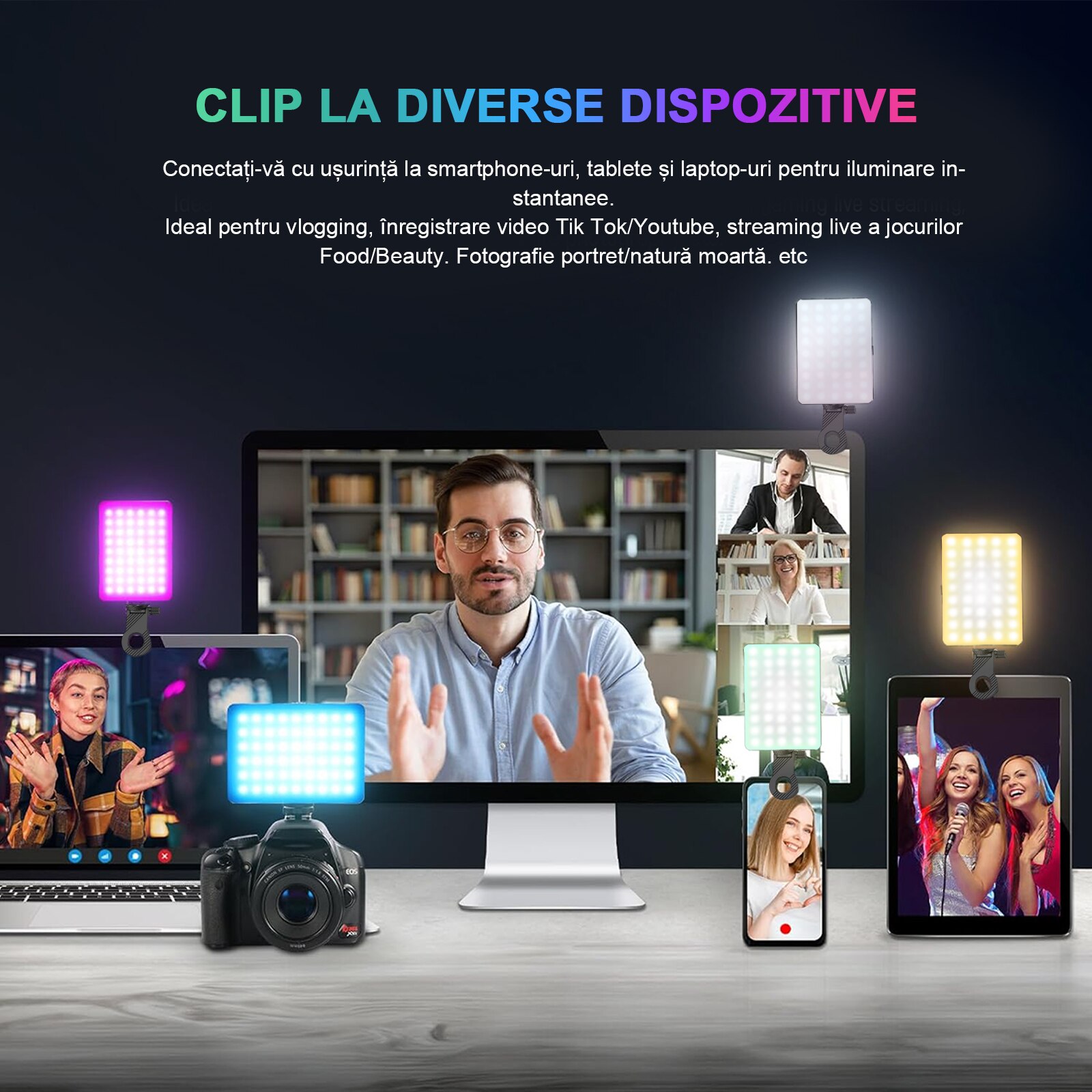 Lampa Led Portabila, BYLIFITY, G5456-RGB, 3 Moduri Iluminare, Selfie ...