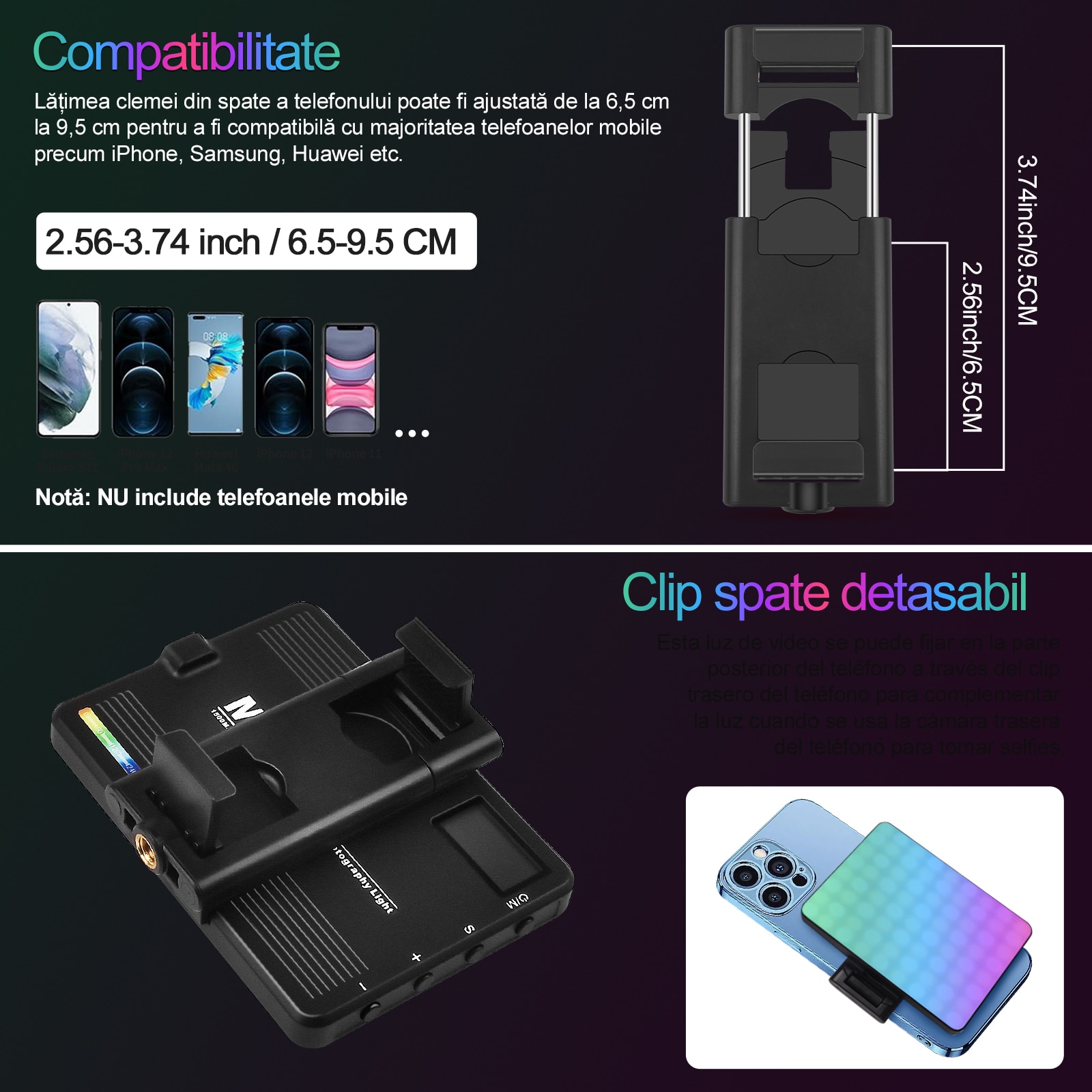 Lampa Led Portabila, BYLIFITY, G5456-RGB, 3 Moduri Iluminare, Selfie ...