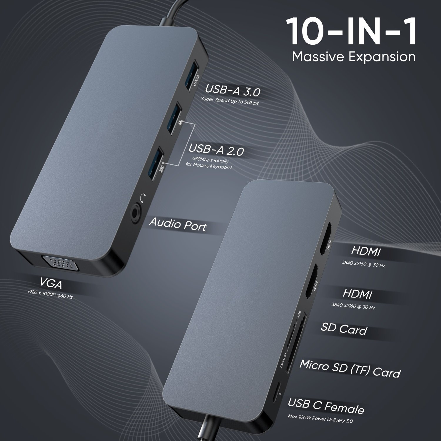 Docking Station USBC, 10 in 1 RikBo®, 2 x 4k HDMI, 1x VGA Port, 1 x ...