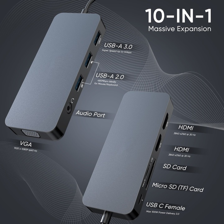 Docking Station USBC, 10 in 1 RikBo®, 2 x 4k HDMI, 1x VGA Port, 1 x ...