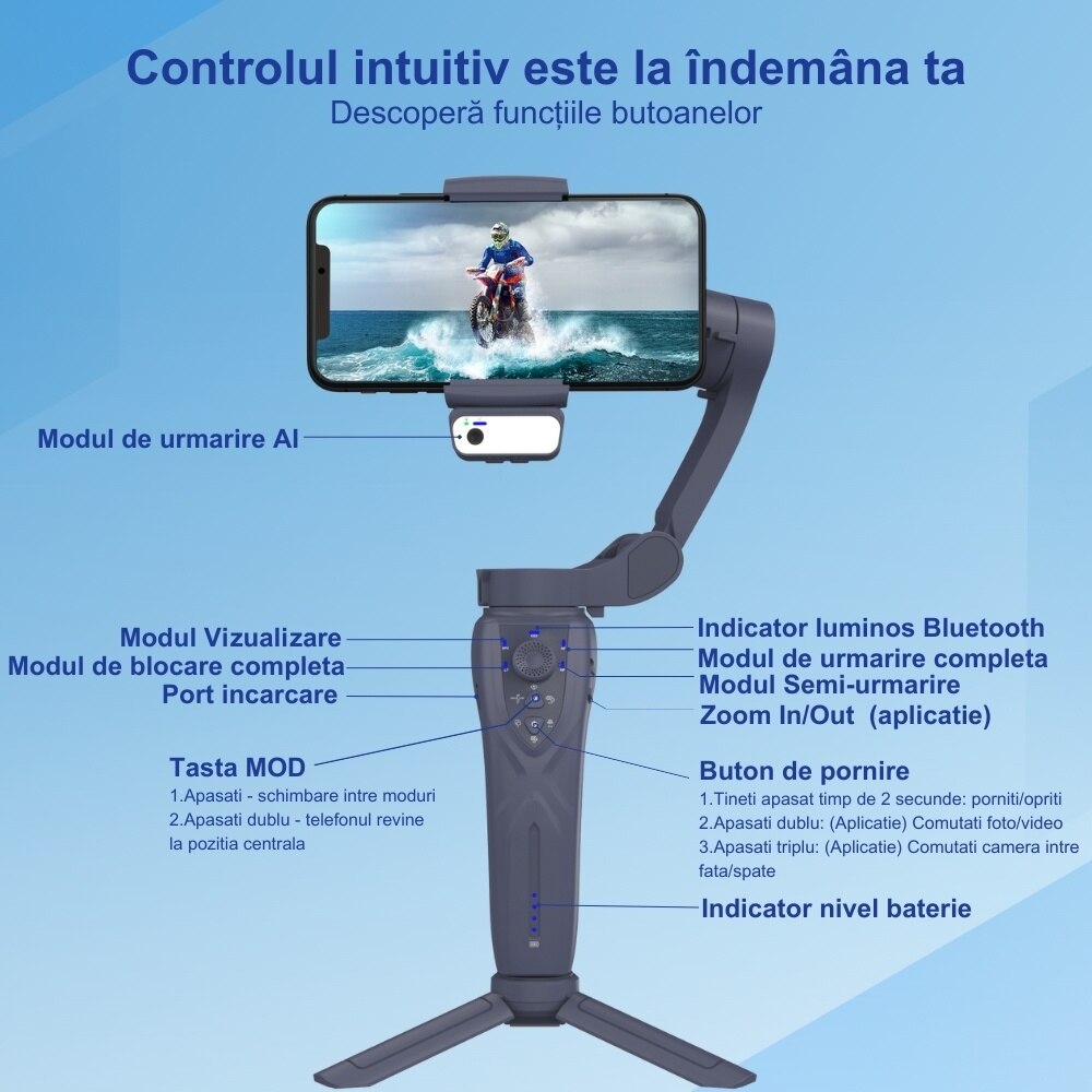 Stabilizator imagine pentru telefon 3 Axe, Control prin gesturi cu AI ...