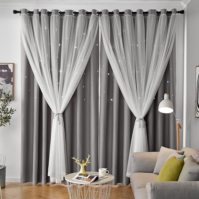 Set draperie blackout si perdea din voal, tip panou, lucrate pe inele ...